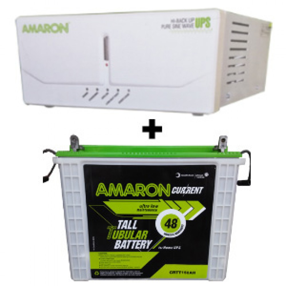 Amaron 675VA Pure Sine Wave Inverter & Amaron AAM-CR-CRTT150 150AH Tall Tubular Battery ...